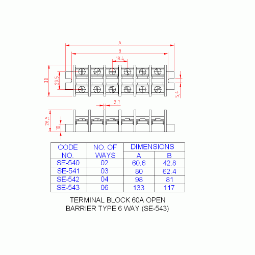 SE541 Terminal Block Open Barrier Type 60A 3 Way